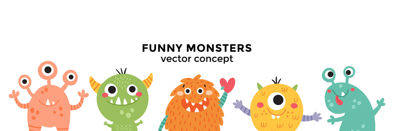 Cute Vector Banner, Funny Monsters Are Standing In A Row, Prefect For ...