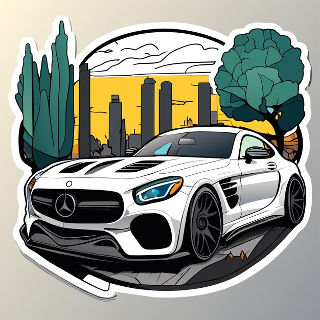 Sleek Mercedes AMG GT Coupe Amid Vibrant City Skyline | Jiffy Designs