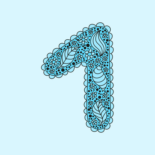 Cute Number 1. Floral Monogram 1 With Vintage Flowers And Doodles. Can ...