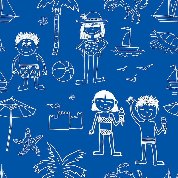 Whimsical Beach-Themed Doodle Pattern in Shades of Blue | Jiffy Designs