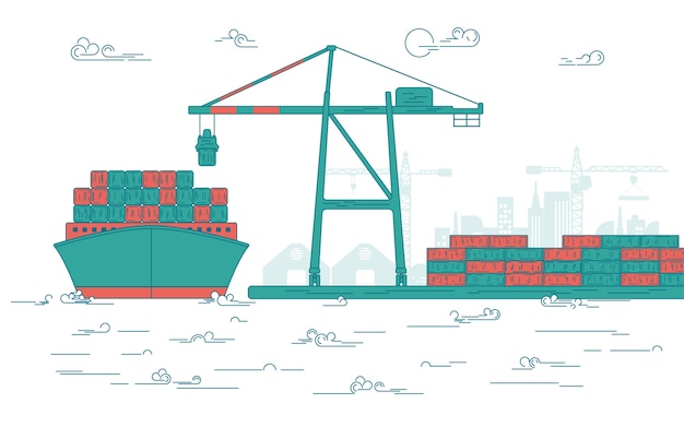 Vibrant Seaport Skyline with Towering Crane and Cargo Containers ...