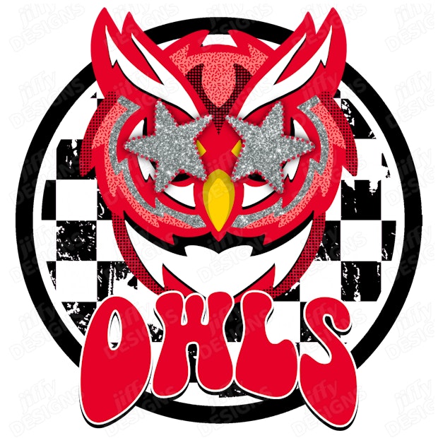 'Owls' Fierce Red Owl Face with Checkered Background | Jiffy Designs