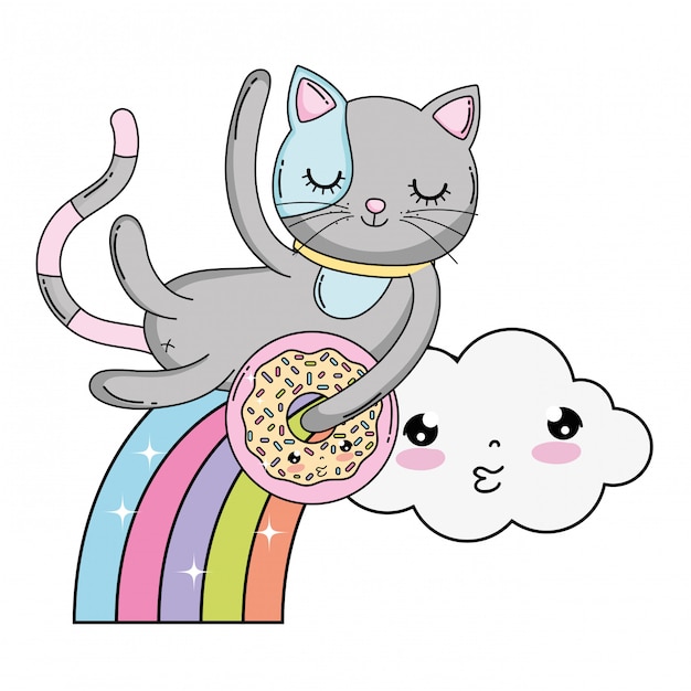 Whimsical Cat Riding Rainbow with Donut and Smiling Cloud | Jiffy Designs