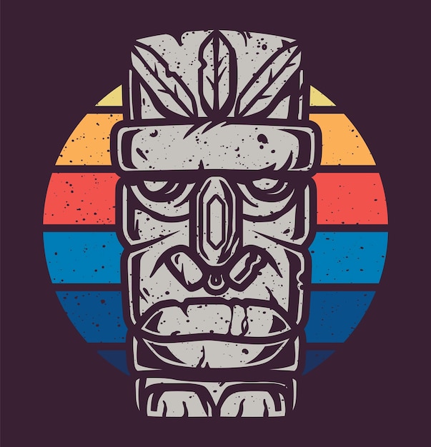 Vibrant Tiki Mask Emblem with Retro Sunset Backdrop | Jiffy Designs
