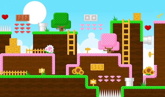 Vibrant Retro-Style Platformer Landscape with Ladders and Platforms ...