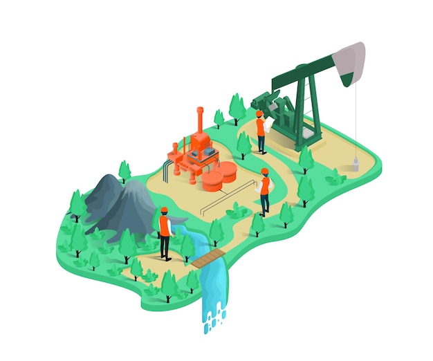 Vibrant Isometric Landscape with Oil Rig and Diverse Terrain | Jiffy Designs