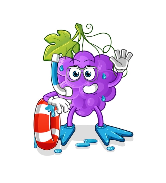 Friendly Grape Mascot Waves with Lifesaver and Leaf | Jiffy Designs