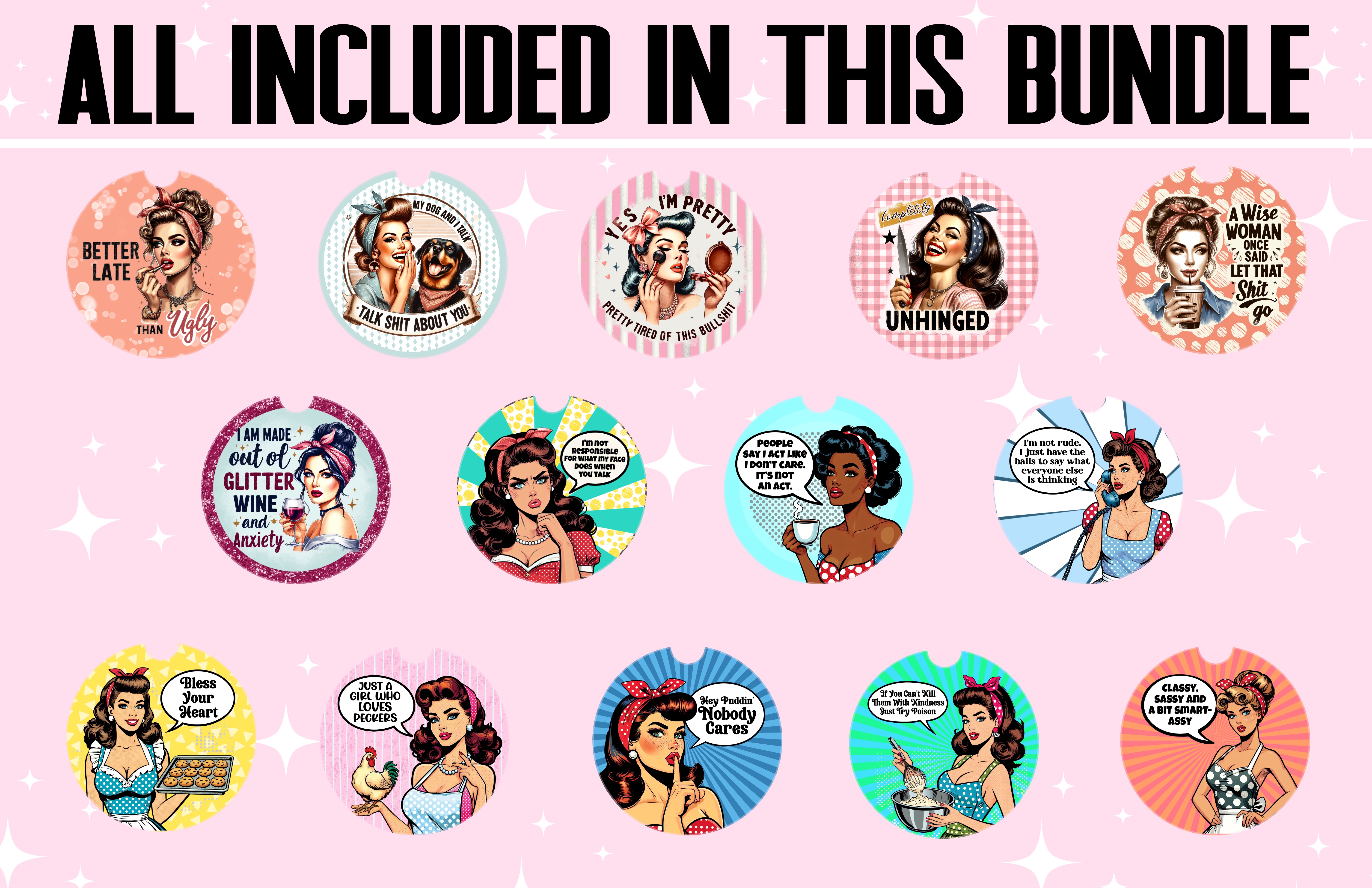 Sarcastic Funny Pin Up Style Women 14 image Car Coaster Bundle | Jiffy ...