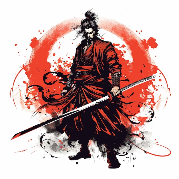 Fearless Samurai Warrior Wielding Katana in Fiery Crimson Backdrop ...