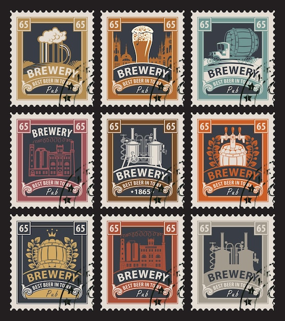 Vintage Brewery Stamp Collection with Beer and Pub Motifs | Jiffy Designs