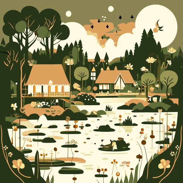 Serene Countryside Landscape with Cozy Cottages and Lush Nature | Jiffy ...