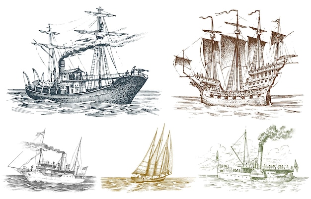 Diverse Collection of Vintage Nautical Vessel Illustrations | Jiffy Designs