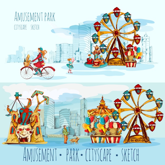 Vibrant Amusement Park Scene with Ferris Wheel and Carnival Rides ...