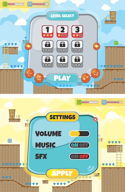 Vibrant Video Game Interface with Level Select and Settings | Jiffy Designs
