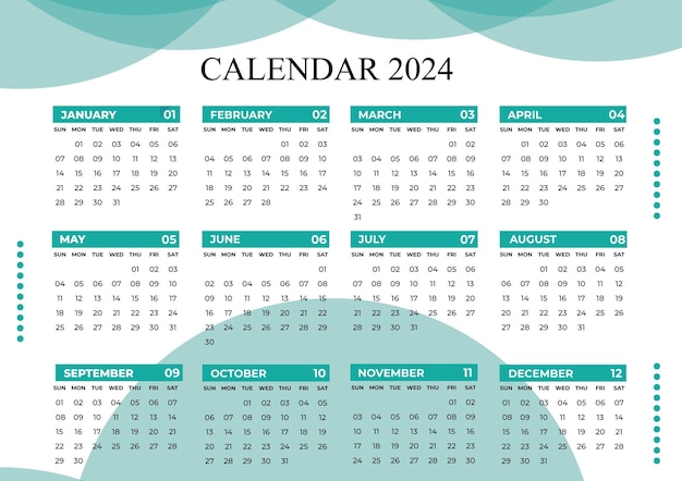Elegant Turquoise Calendar for the Year 2024 | Jiffy Designs