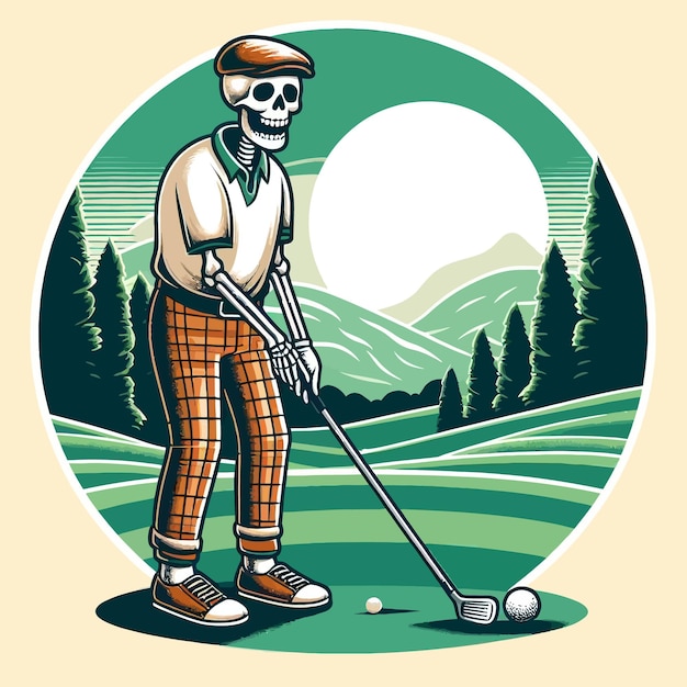 Golfing Skeleton in Scenic Landscape | Jiffy Designs