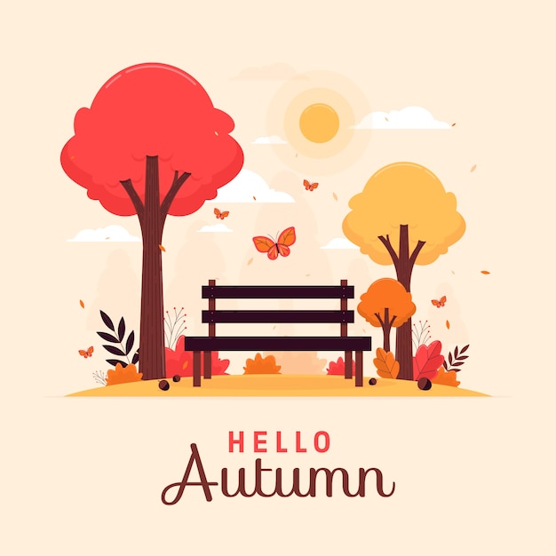 Vibrant Autumn Landscape with Bench and Butterflies | Jiffy Designs