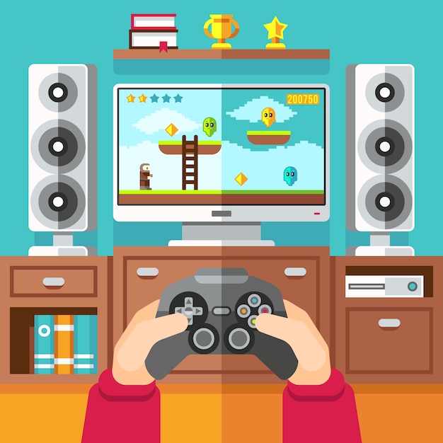 Video Game Scene with Gaming Console and Speakers | Jiffy Designs