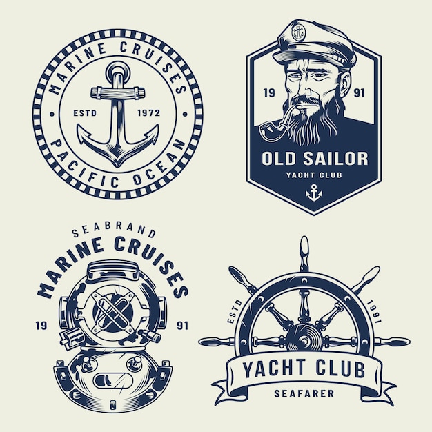 Vintage nautical emblems with anchors, sailor, and ship wheel | Jiffy ...