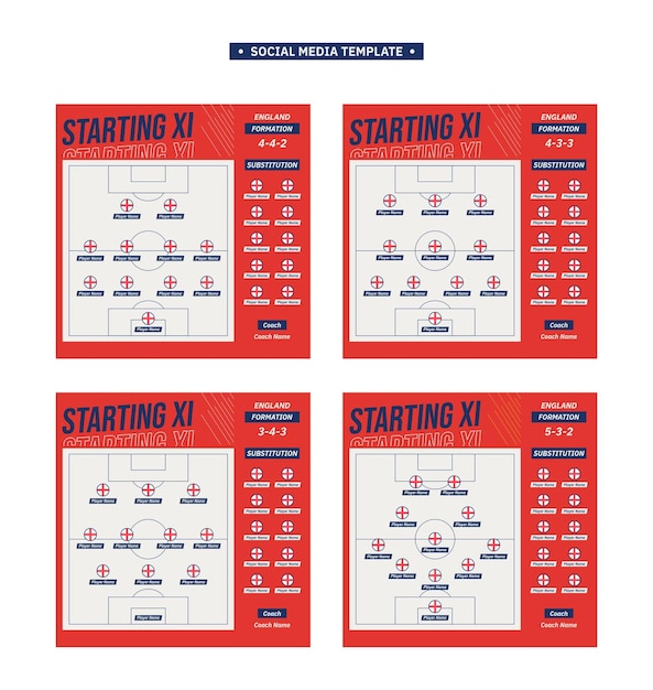 Diverse Starting XI Soccer Lineup Templates in Red and Blue | Jiffy Designs