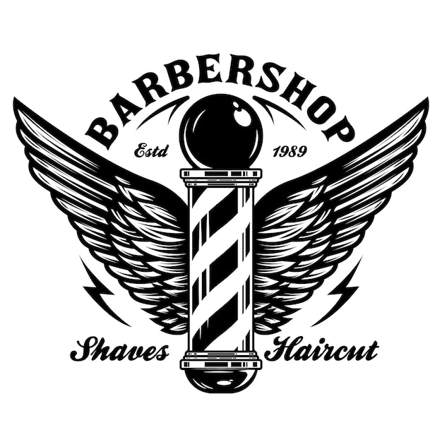 Vintage Barbershop Emblem with Winged Barber Pole and Text | Jiffy Designs