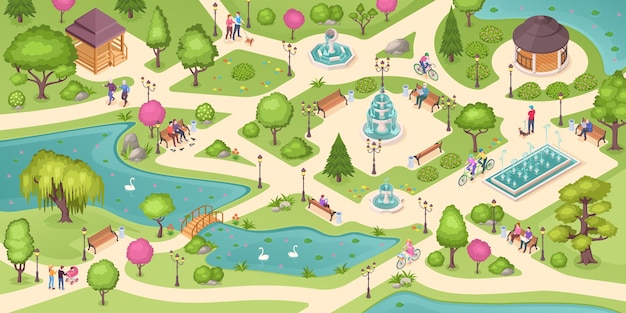 Vibrant Park Scene with Whimsical Fountains and Playful People | Jiffy ...