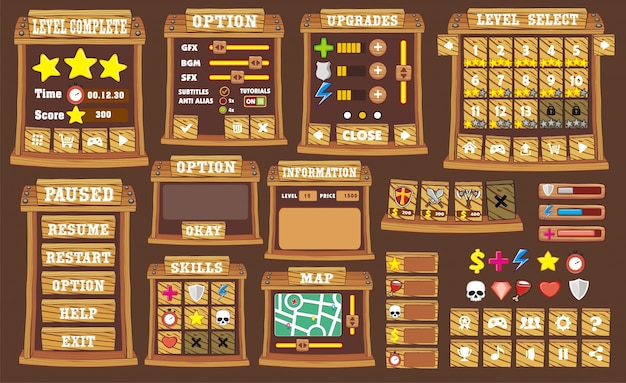 Comprehensive Collection of Retro-Style Game UI Elements on Wooden ...