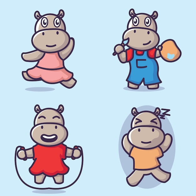 Adorable Hippo Characters in Vibrant Outfits and Poses | Jiffy Designs
