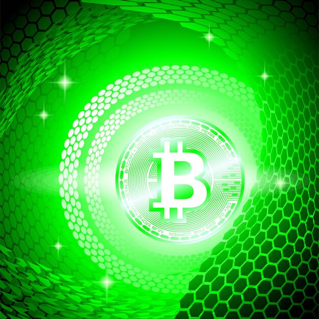 Glowing Bitcoin Symbol in Radiant Green Honeycomb Backdrop | Jiffy Designs