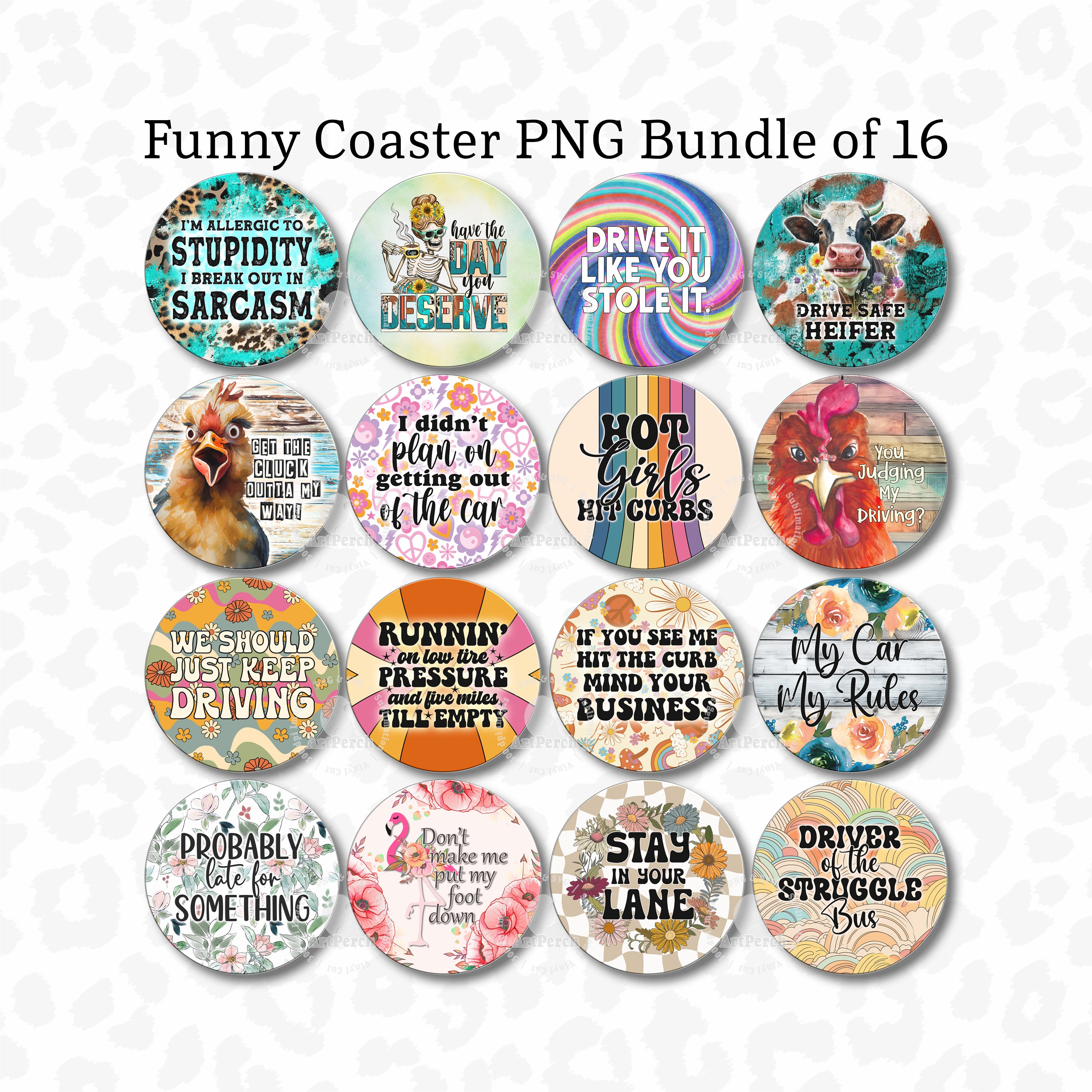 Funny Coaster PNG, Coaster Bundle of 16 PNGs, Funny Car Coaster PNG ...