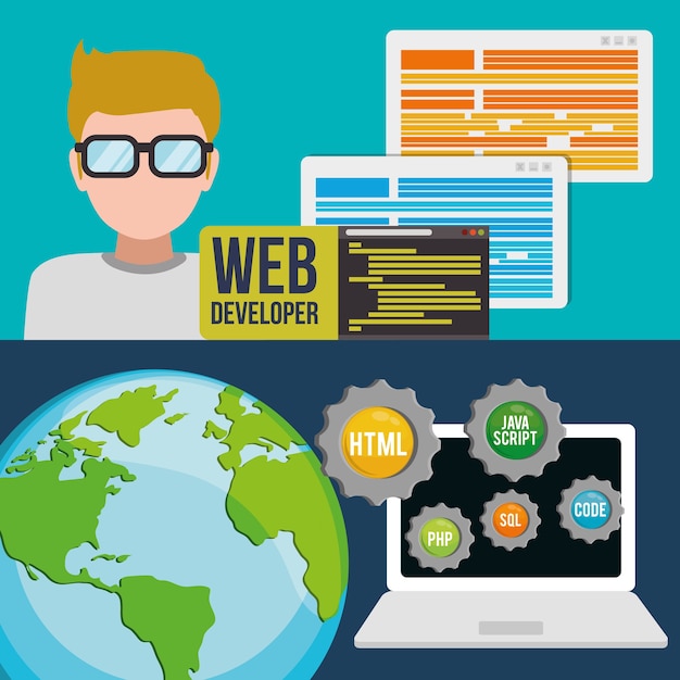 Web Developer Illustration with Code and Global Elements | Jiffy Designs
