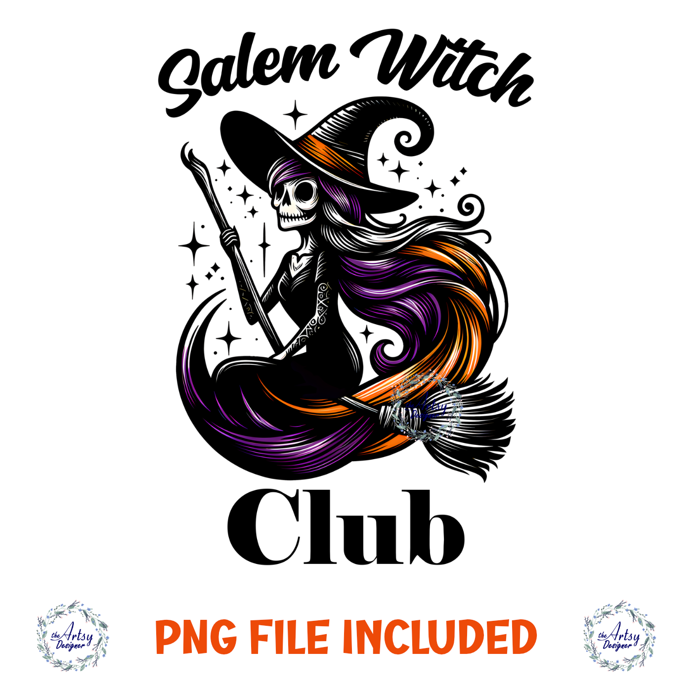 'Salem Witch Club' Flying Skeleton Witchy Woman on Broom | Jiffy Designs
