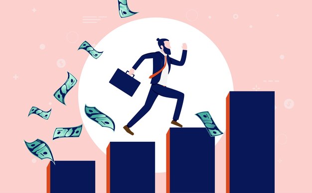 Determined Businessman Ascending Profit Bars with Money Raining | Jiffy ...