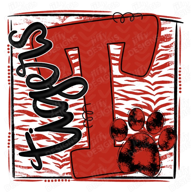 'Tigers' Vibrant Red Varsity Letter with Paw Print and Scribbles ...