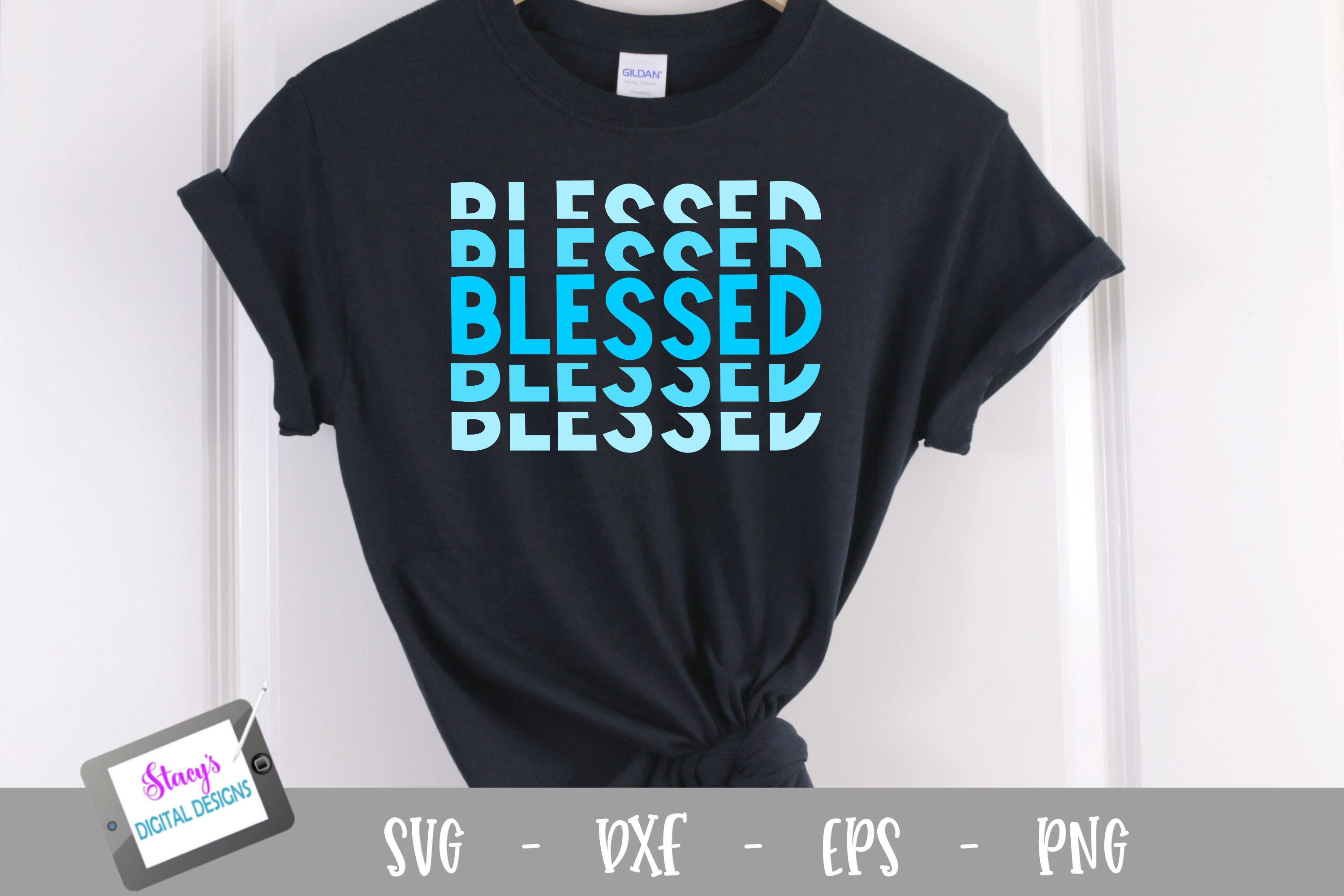 'Blessed' Repeated in Fading Blue Gradient Creating Depth and Emphasis ...