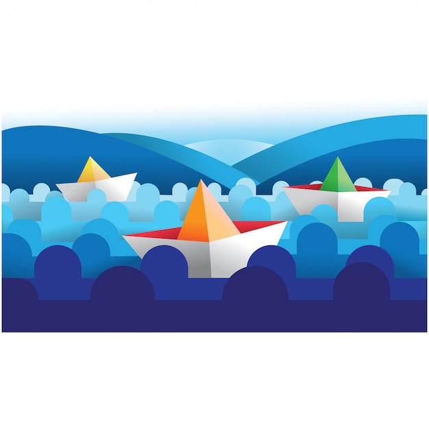 Vibrant Geometric Landscape with Colorful Paper Boats | Jiffy Designs