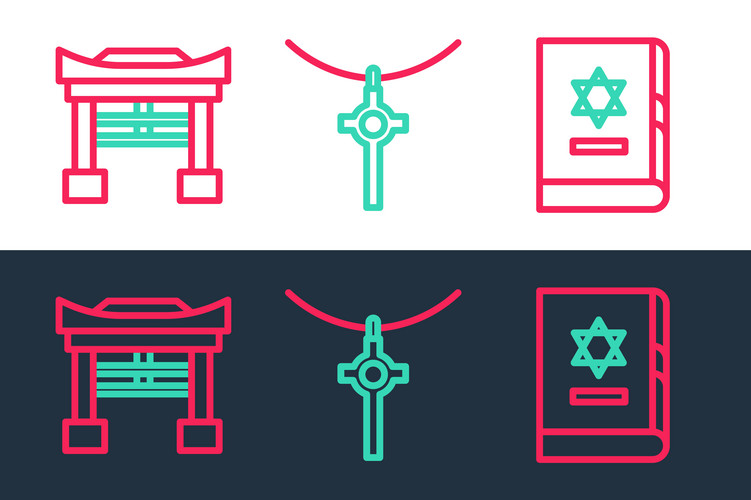 Set Line Jewish Torah Book Japan Gate And Christian Cross On Chain Icon ...