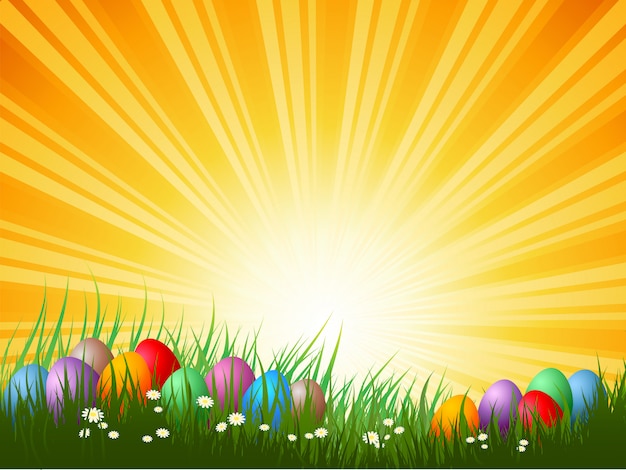 Vibrant Easter Eggs in Grassy Sunburst Background | Jiffy Designs