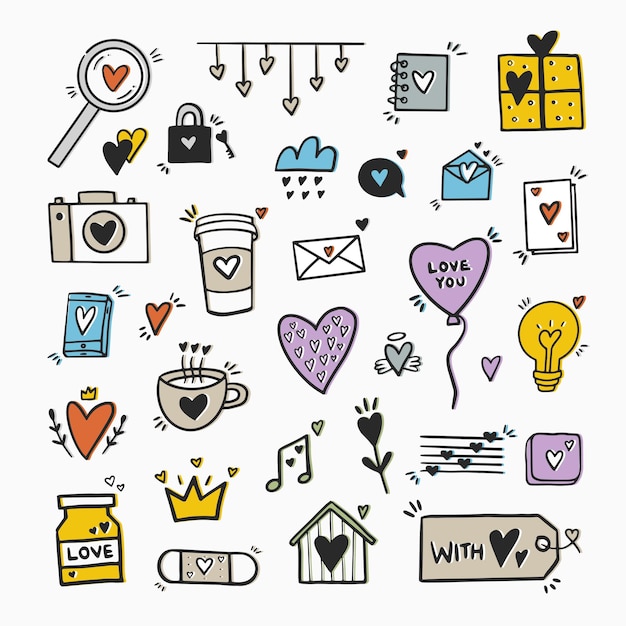 Vibrant Collection of Whimsical Love-Themed Doodles and Icons | Jiffy ...