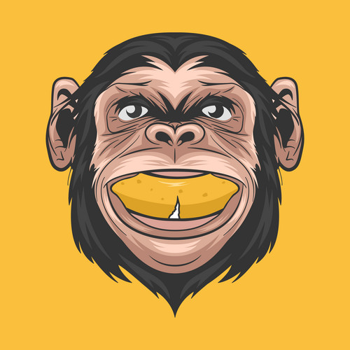 Vector Hand Drawn Smiling Chimpanzee Ape With Banana In His Mouth. Colored Abstract Funny Monkey ...