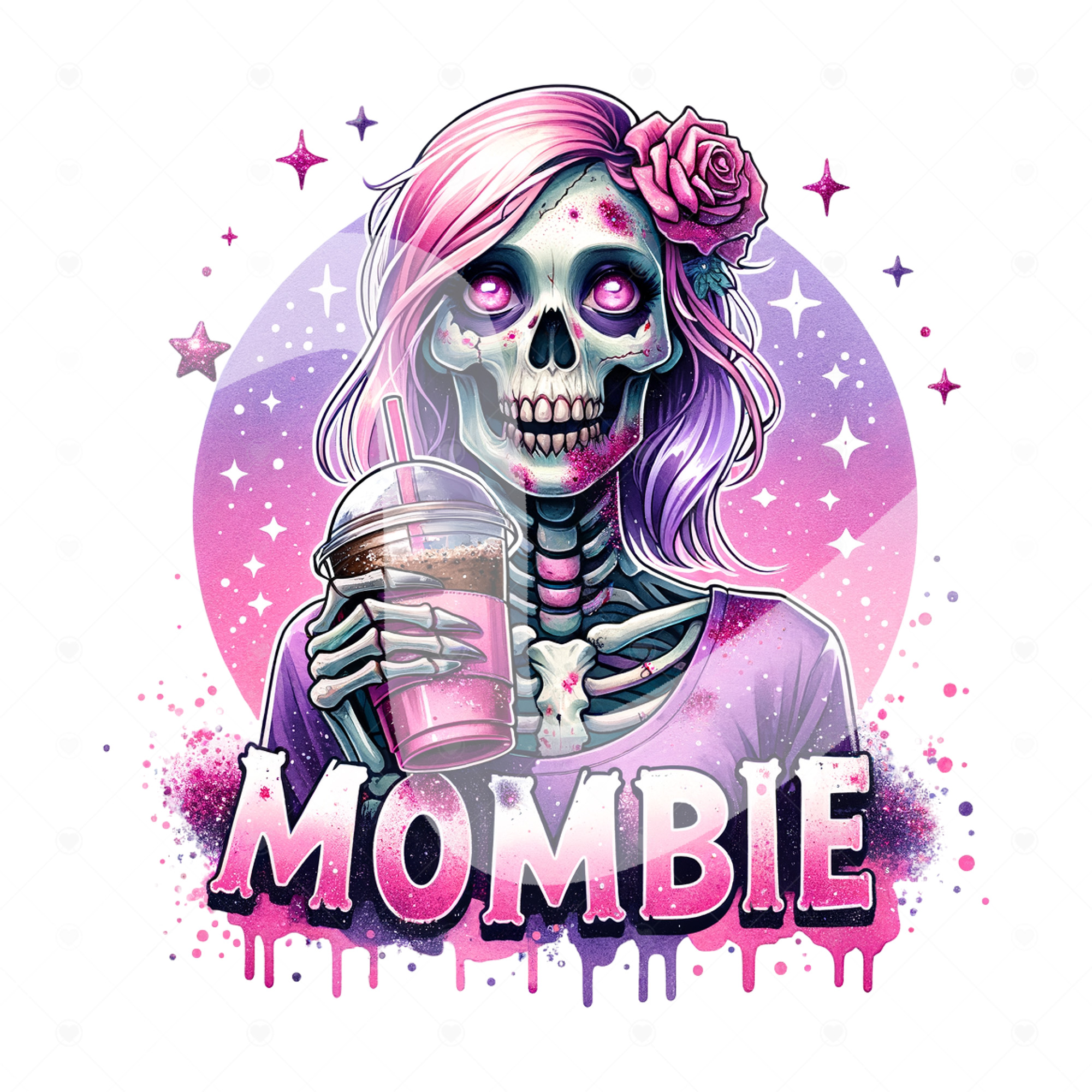 'Mombie' Skeleton with Pink Hair Sipping Coffee in Cosmic Glow | Jiffy ...