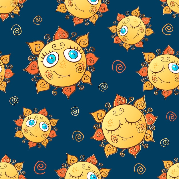 Vibrant Sun Characters Pattern on Navy Background | Jiffy Designs