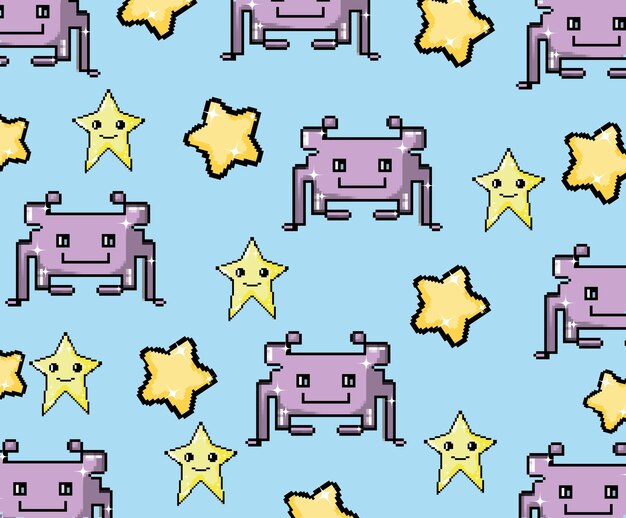 Whimsical Pixel Art Characters and Shining Stars Pattern | Jiffy Designs