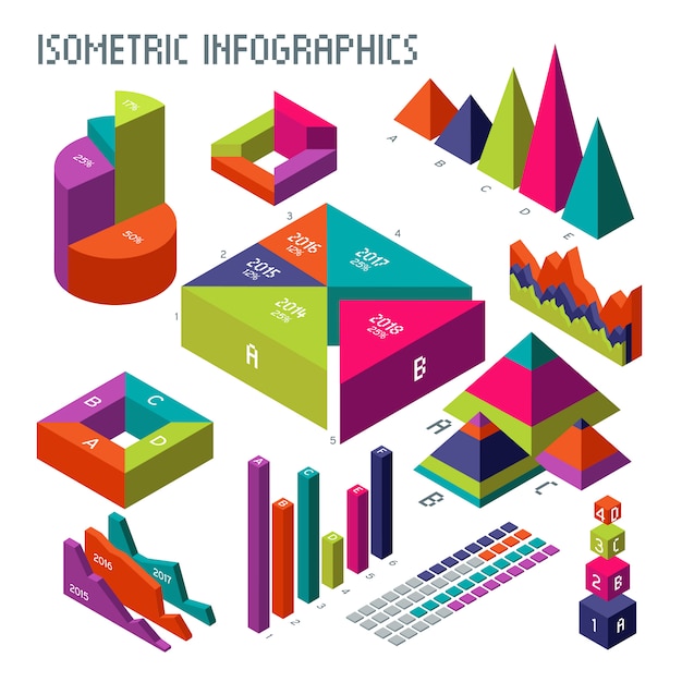 Vibrant Isometric Geometric Shapes and Infographic Elements Collection ...