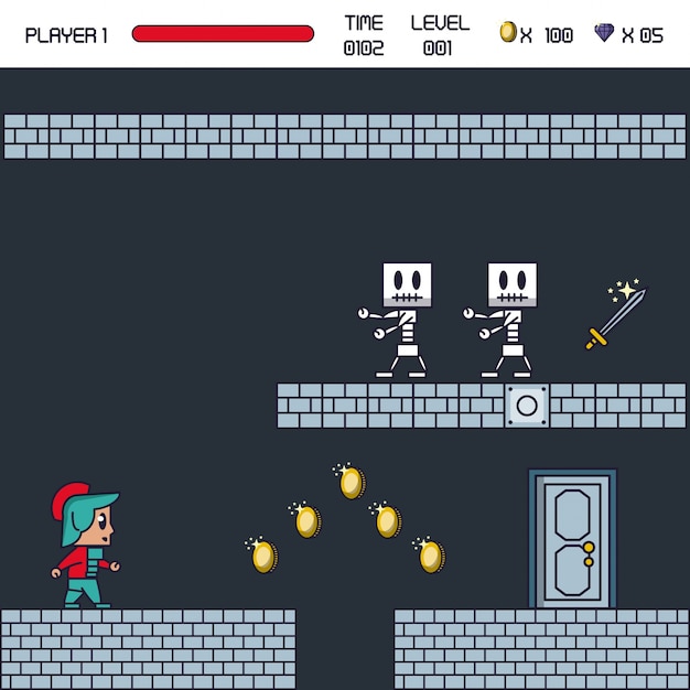 Retro Platformer Game Scene with Pixelated Character and Obstacles ...