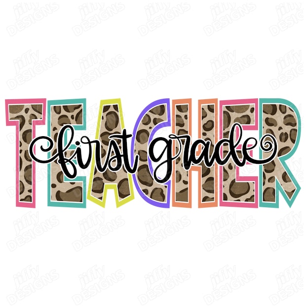 'First Grade' Leopard Print Letters with Colorful Outlines and Cursive ...