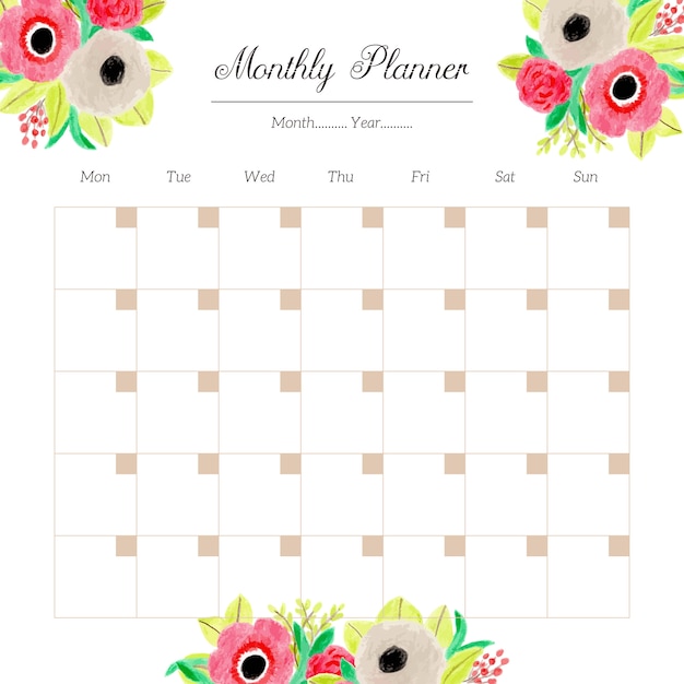 Floral Monthly Calendar Template with Anemone Illustrations | Jiffy Designs