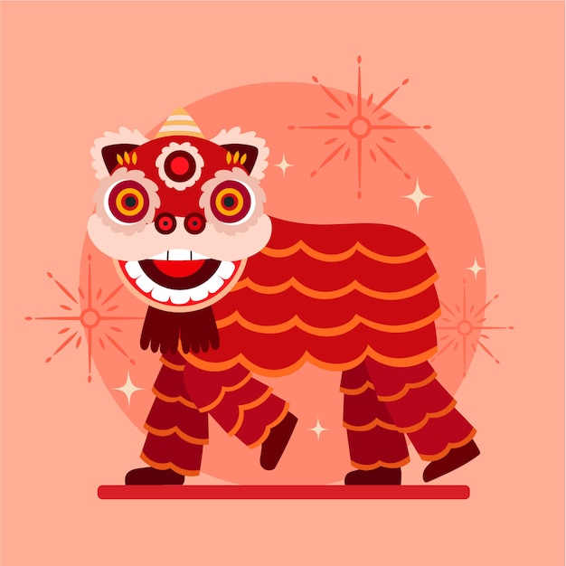 Vibrant Red Dancing Lion Illustration with Stars | Jiffy Designs