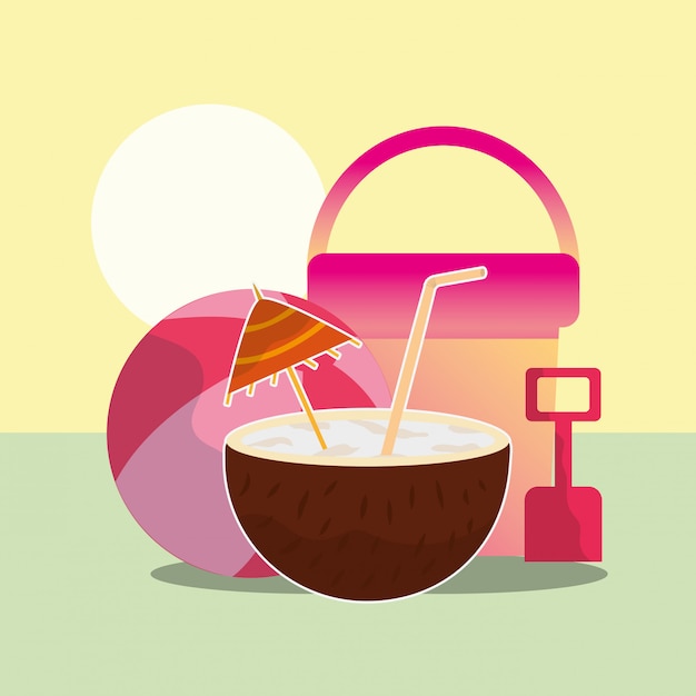 Stylized Coconut Drink with Beach Umbrella and Bucket Illustration ...