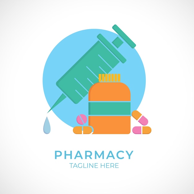 Vibrant Pharmacy Emblem with Mortar, Pestle, and Medicines | Jiffy Designs